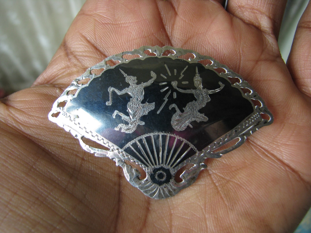 Vintage SIAM Sterling Silver Fan Brooch, Thai Dancers, 1950s Pin - Etsy