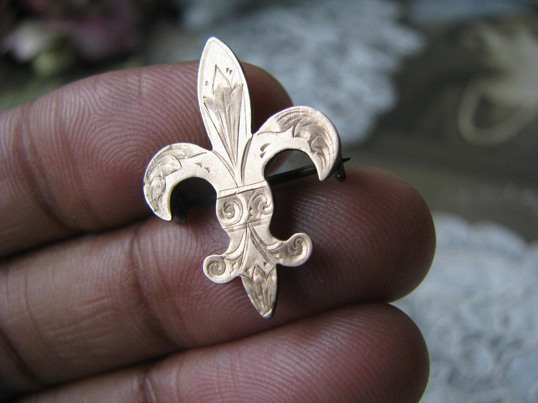 Antique French Fluer De Lis Brooch, Antique French Brooch, Etched Gold ...