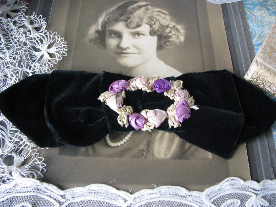 Antique Velvet Bow, Victorian Velvet Bow, Silk Ribbon Embroidered Bow ...