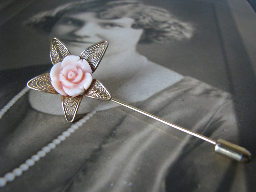 Vintage Stick Pin, Coral Rose Stick Pin, Flower Stick Pin, Pink Coral ...