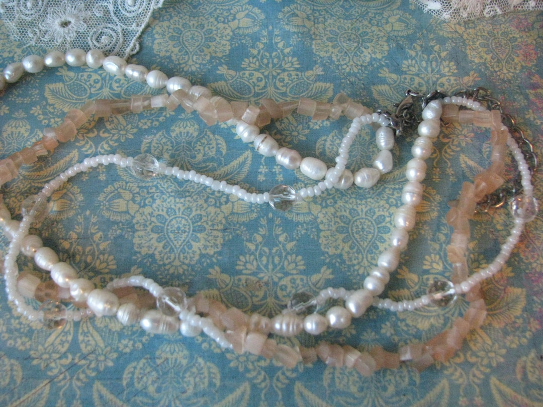 Vintage 1980s Esmor Three Strand Freshwater Pearl Pink Moonstone ...