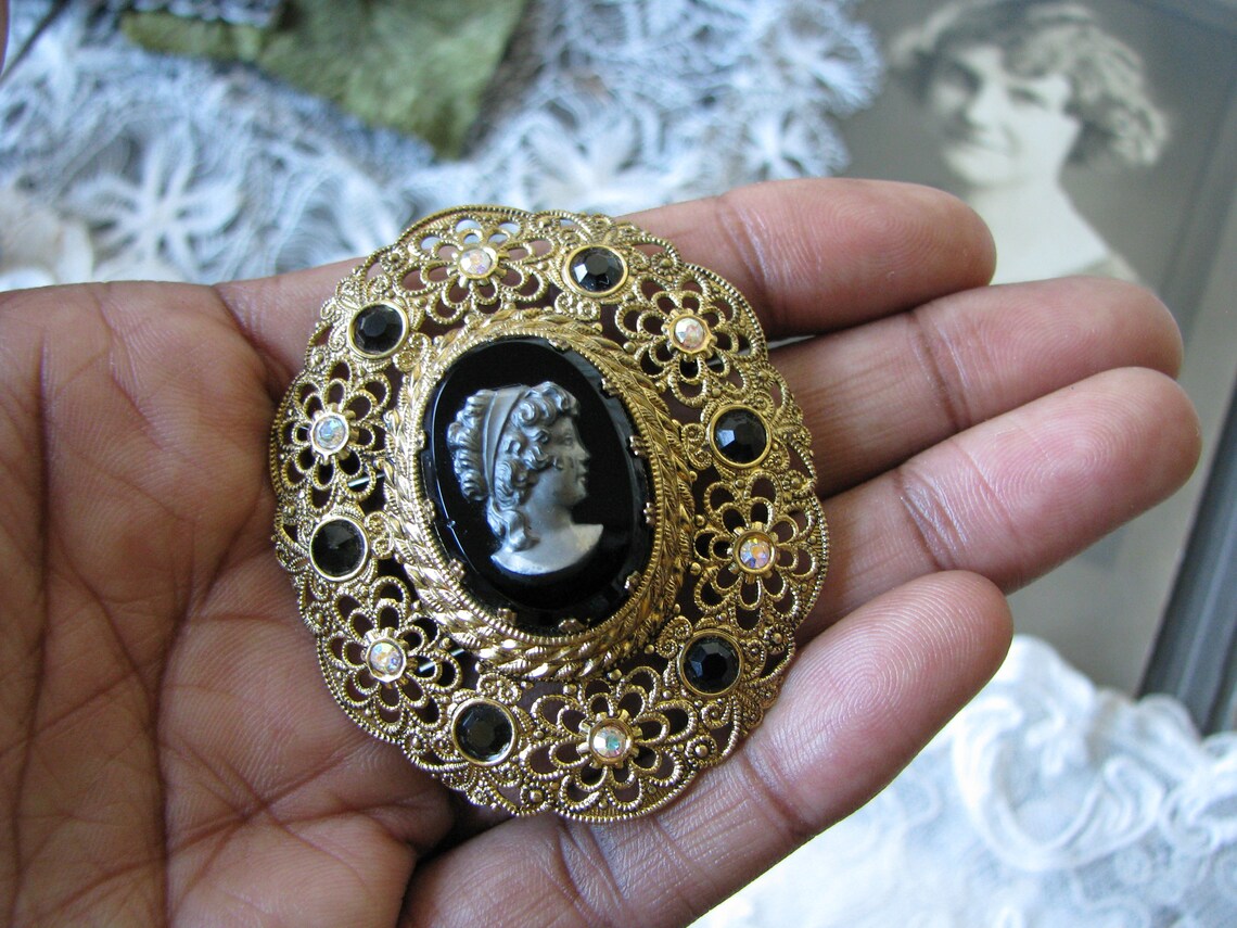 Victorian Black Cameo Vintage Black Cameo Filigree Cameo - Etsy