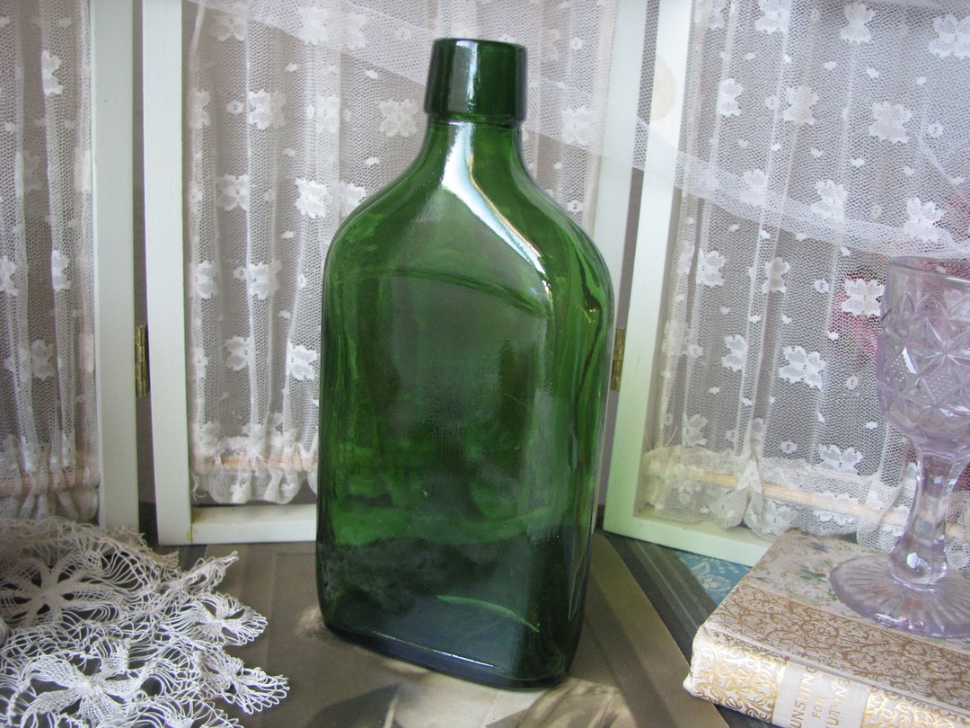 Vintage Whisky Flask, Green Glass Whisky Flask, Vintage Drinkware ...