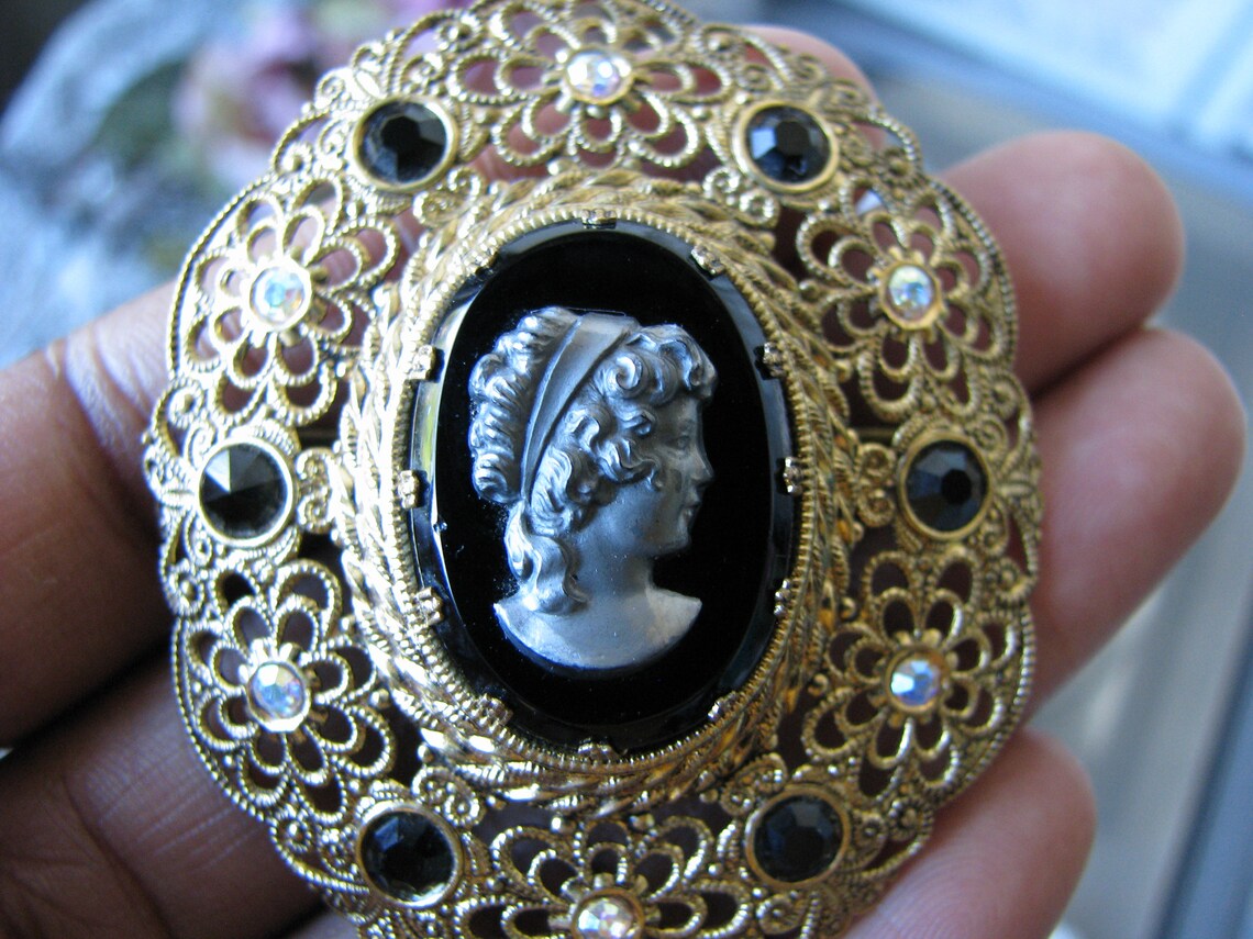 Victorian Black Cameo Vintage Black Cameo Filigree Cameo - Etsy