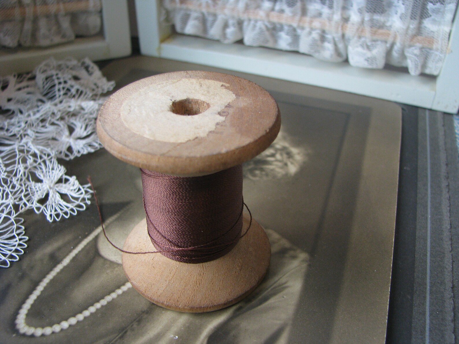 Antique Wooden Spool With Brown Thread, Primitive Decor - Etsy