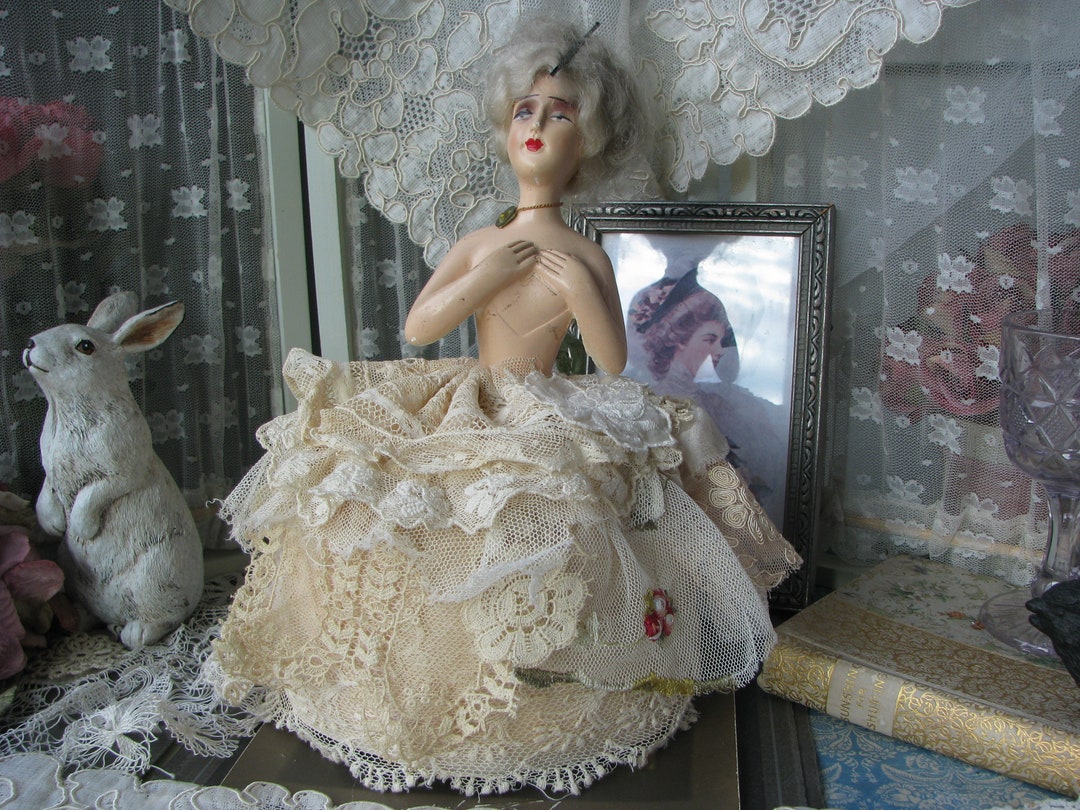 Antique Boudoir Chalkware Doll, Boudoir Half Doll, 1920's Boudior Pin Cusion, Pin Cushion Doll ...