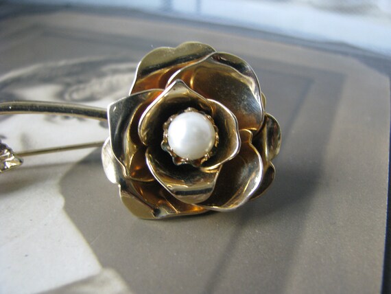 Vintage Gold Stemmed Rose Pin, Vintage Single Rose Br… - Gem