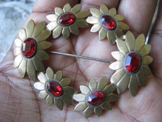 Art Deco Paste Brooch, Red Paste Brooch, Art Deco Flo… - Gem