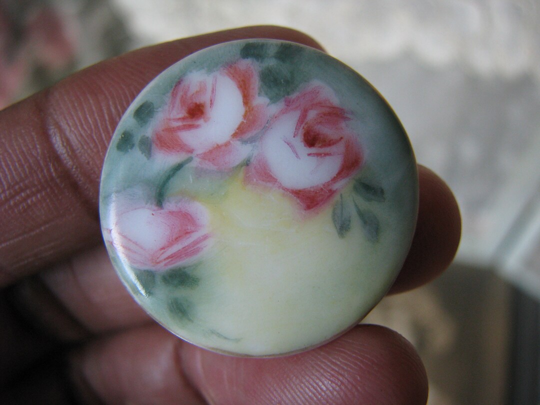 Antique Porcelain Button, Painted Porcelain Button, Painted Floral ...