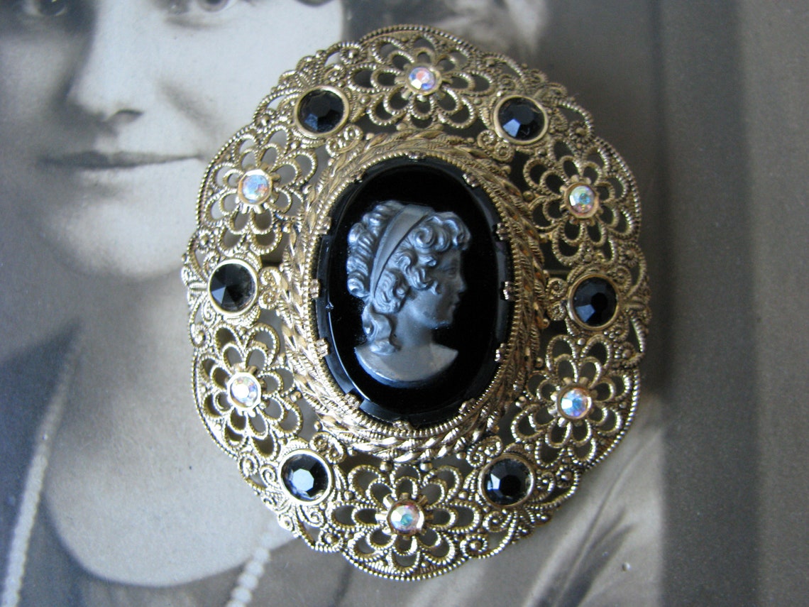 Victorian Black Cameo Vintage Black Cameo Filigree Cameo - Etsy