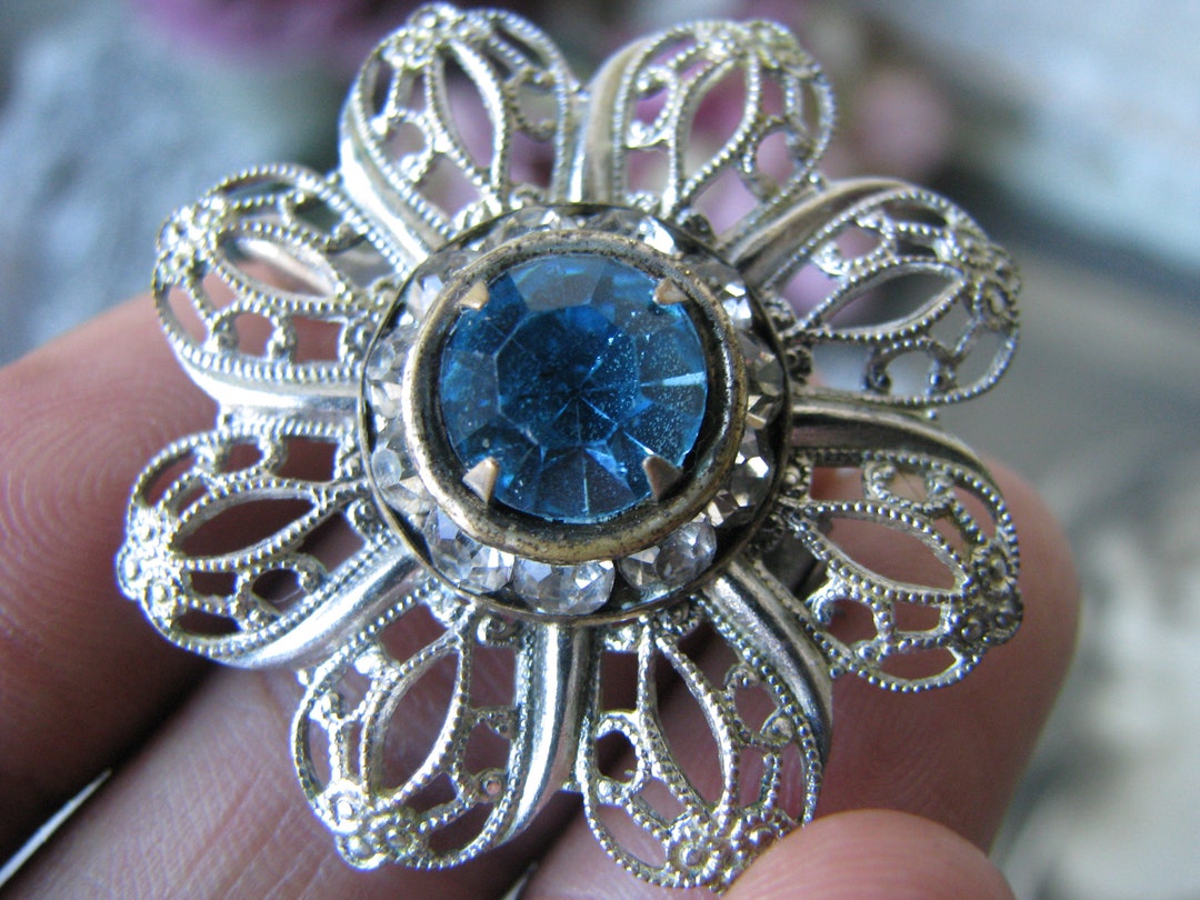 Vintage Paste Brooch, Vintage Filigree Brooch, Filigree Flower Brooch ...