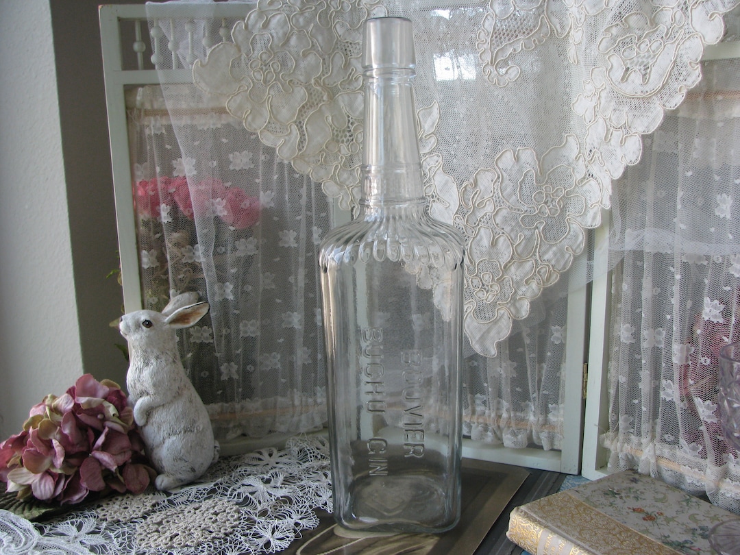 Antique Bouvier Buchu Gin Bottle, Embossed Aqua Glass, 12'' Long Neck ...