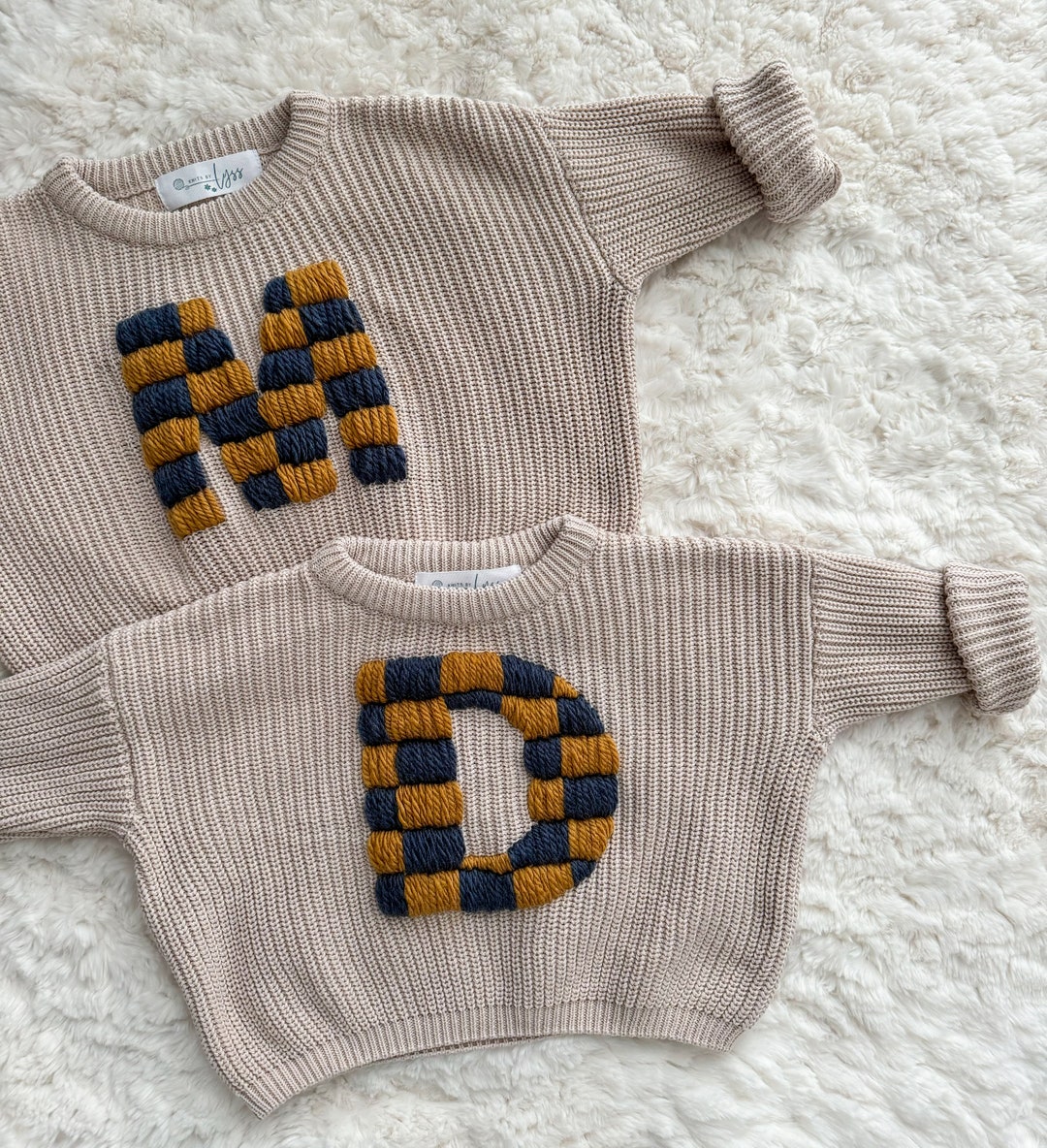 Embroidered Personalized Sweater, Large Embroidered Letter, Checkered ...