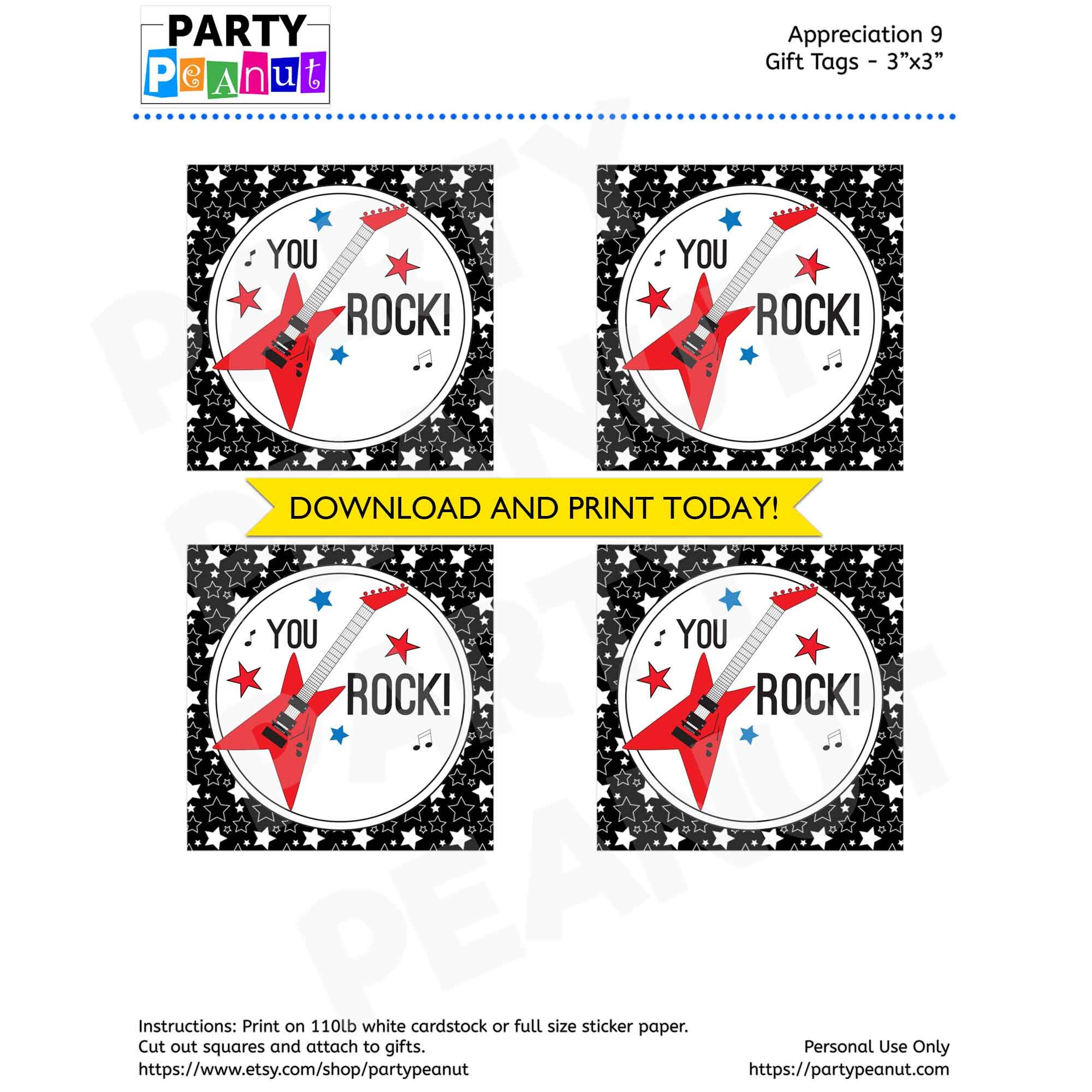 You Rock Teacher Appreciation Gift Tags Guitar Music Kids School Class ...