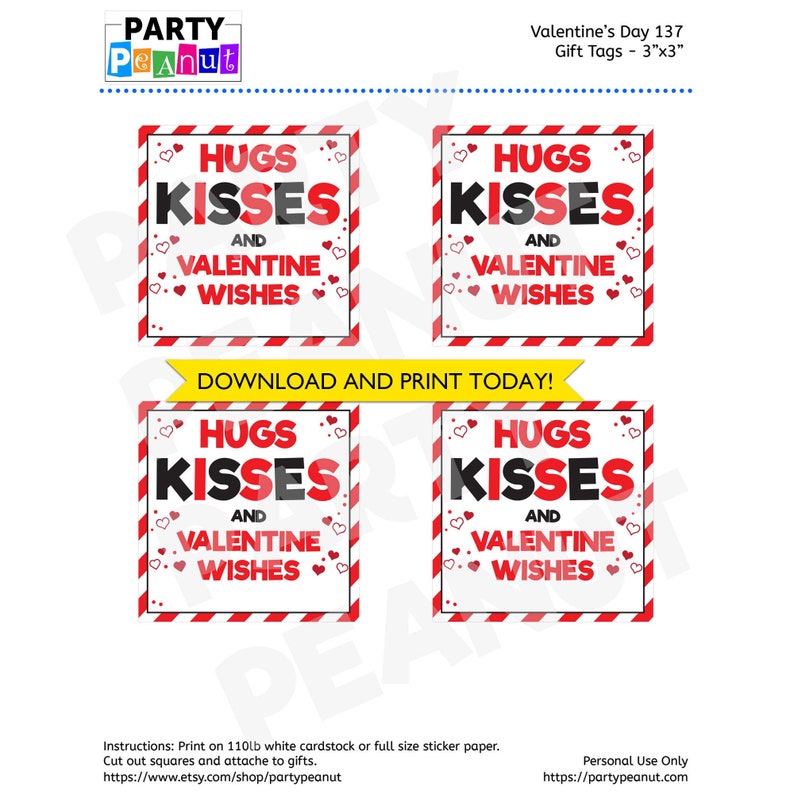Hugs and Kisses Valentine Wishes Valentines Treat Tags Teacher ...