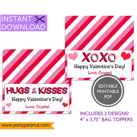Hugs & Kisses Valentine Bag Toppers Printable Valentine Tag Editable ...