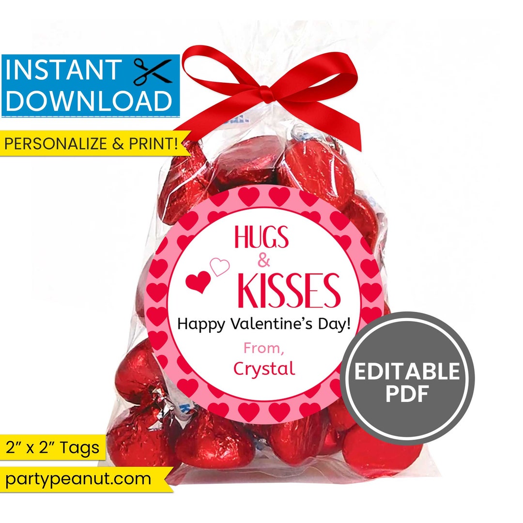 Hugs and Kisses Tag, Valentine Gift Tags, Teacher Valentine Tags Kids ...