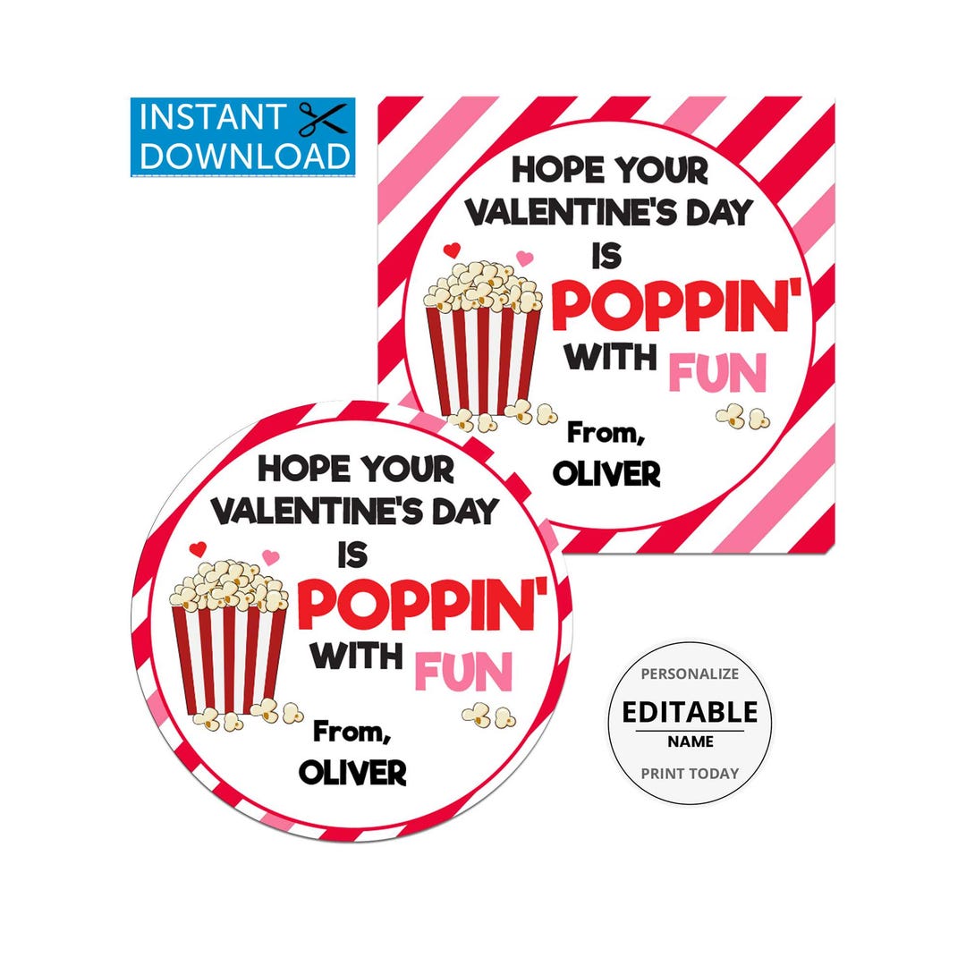 Popcorn Valentine, Kids Classroom Favors, School Valentine Treat Tags ...