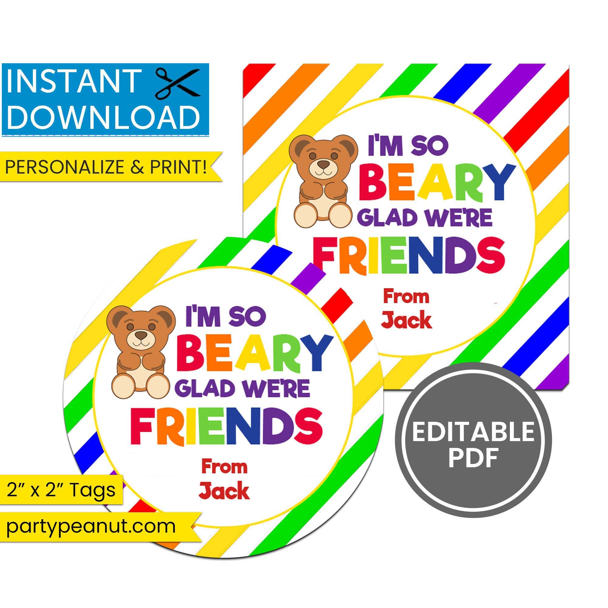 Beary Glad We're Friends Gift Tags Rainbow Gift Tags Kids Classroom ...