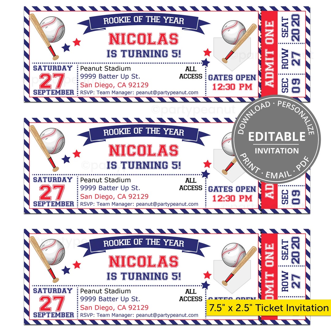 Baseball Ticket Invitation, Baseball Invitation, Baseball Birthday ...