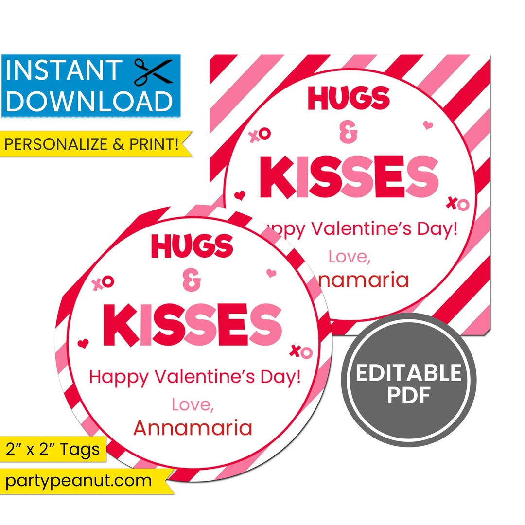 Hugs & Kisses Gift Tags, Printable Valentines Day Tags, Valentines Day ...