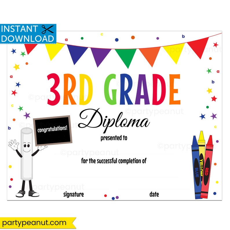 3rd Grade Diploma, 3rd Grade Graduation Certificate, End of School Year ...