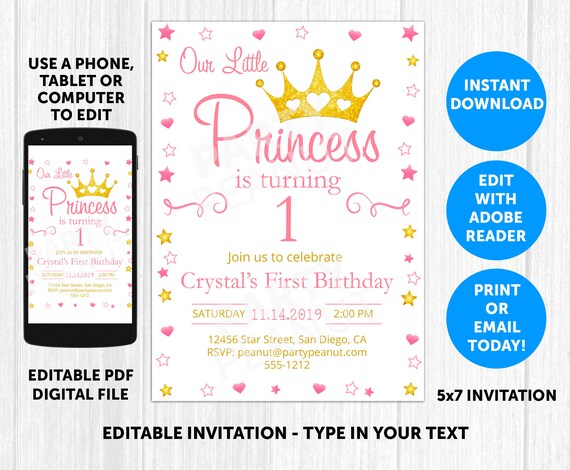 Princess Invitation Set Princess Birthday Party Invite Digital Download ...