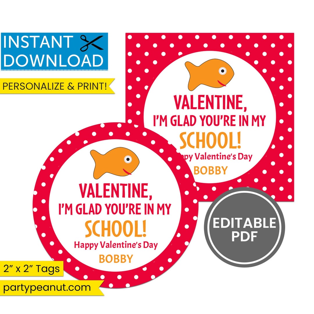 School Valentines Day Tags, Goldfish Valentine Gift Tags, Teacher ...