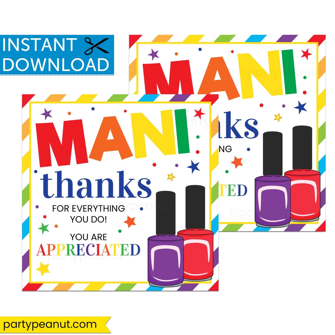 Mani Thanks, Nail Polish Gift, Thank You Gift Tag, Teacher Appreciation ...
