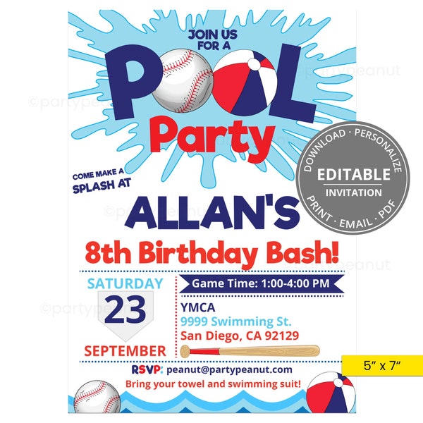 Pool Party Baseball Invitation - Etsy