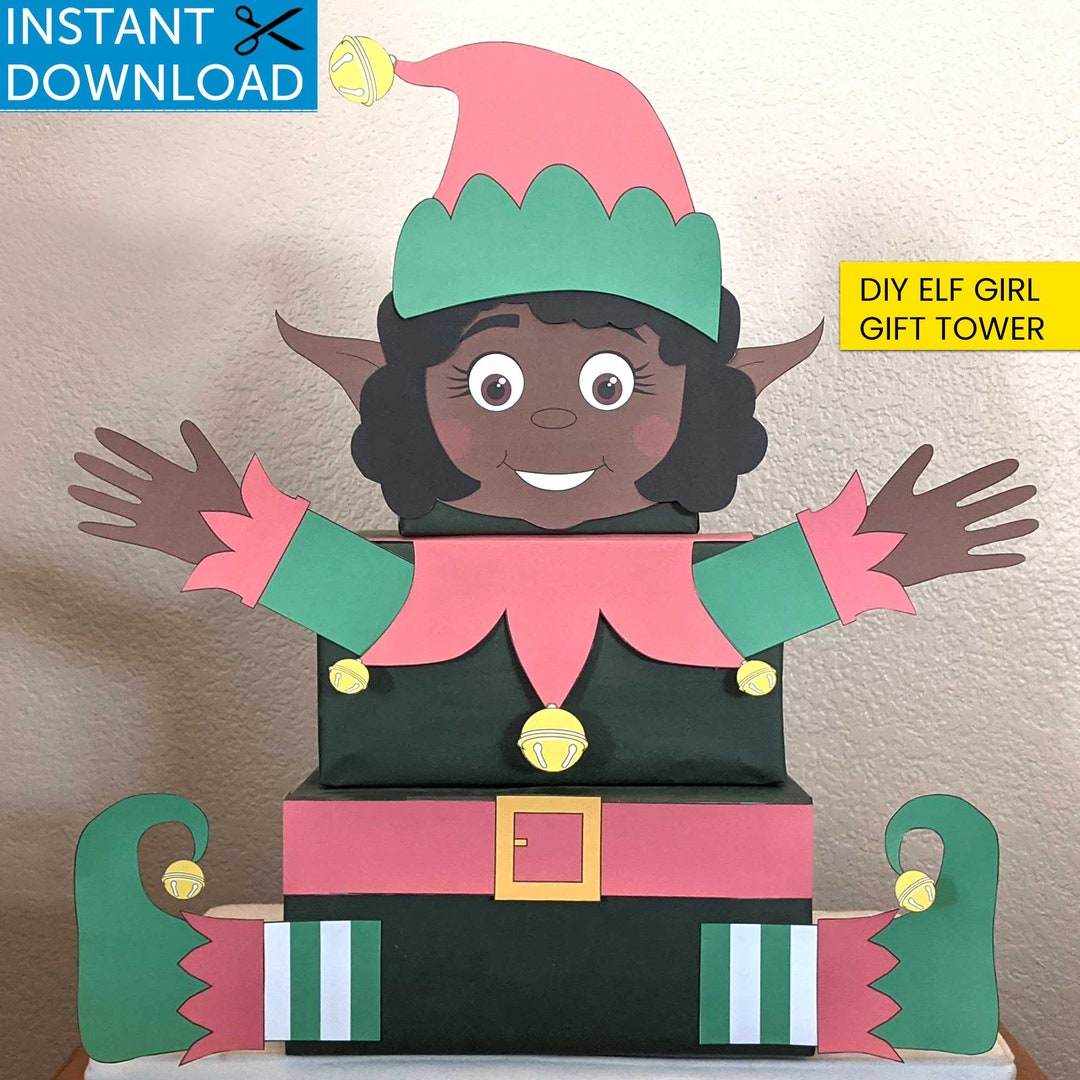 Elf Gift Tower, African American Elf Gift Box, Gift Box Christmas Paper ...