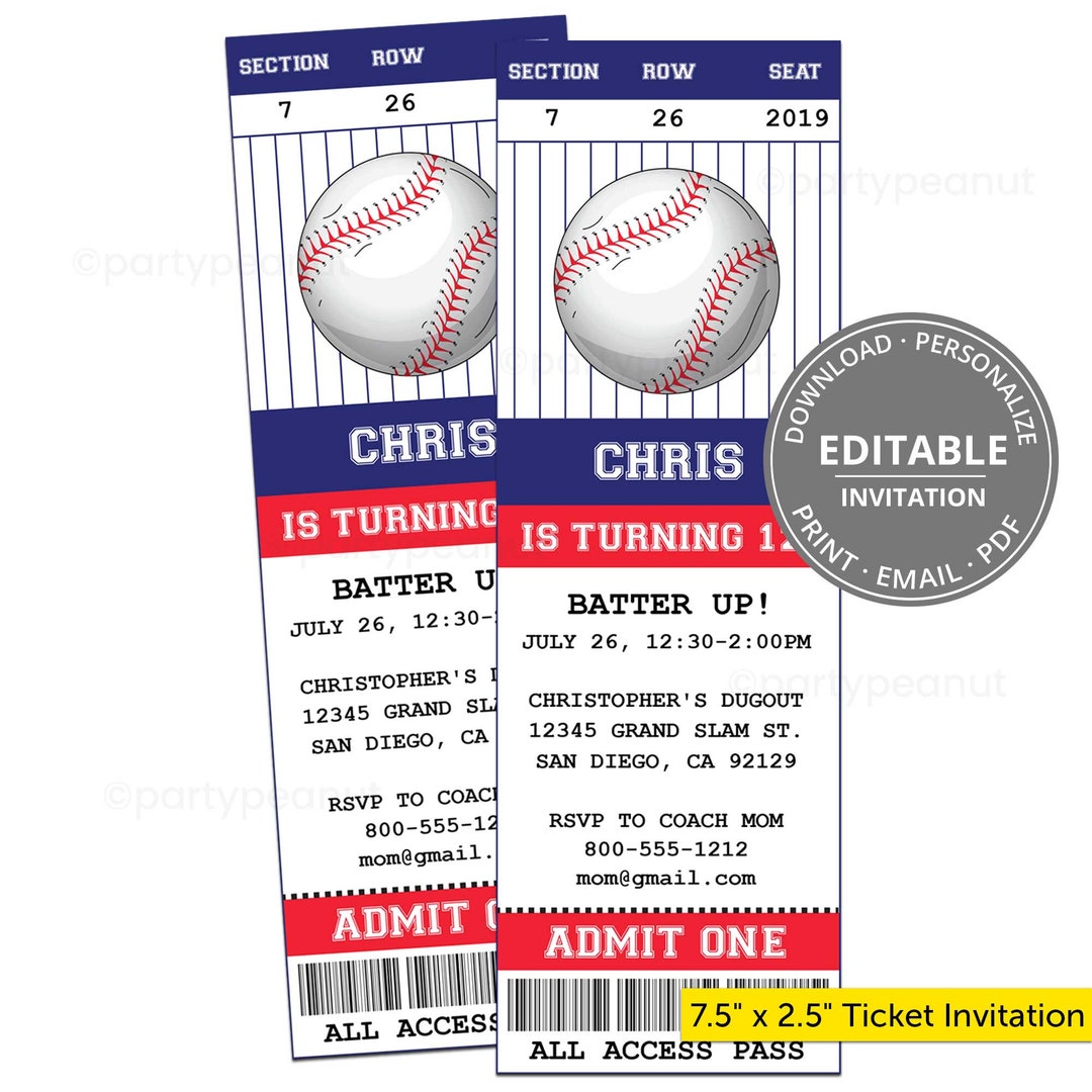 Baseball Ticket Invitation, Baseball Birthday Party Invitation ...