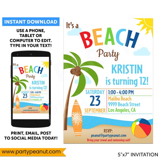 Beach Invitation Beach Party Invitation Download Beach Invite Digital ...