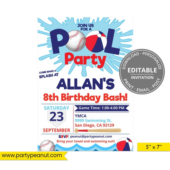 Pool Party Invitation, Baseball Pool Party Invitation, Baseball ...