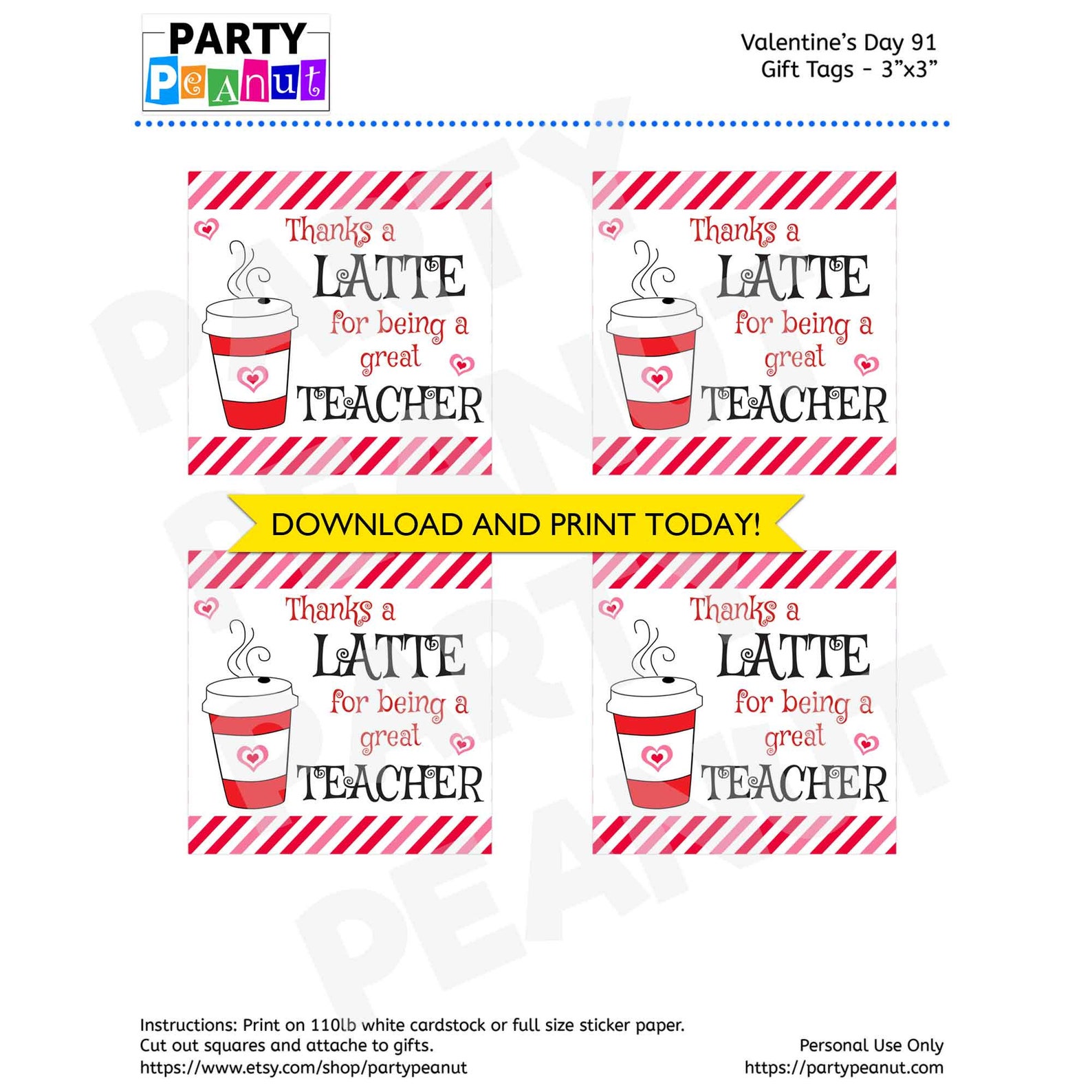 Thanks A Latte Teacher Gift Tag, Coffee Gift, Teacher Appreciation Tag ...