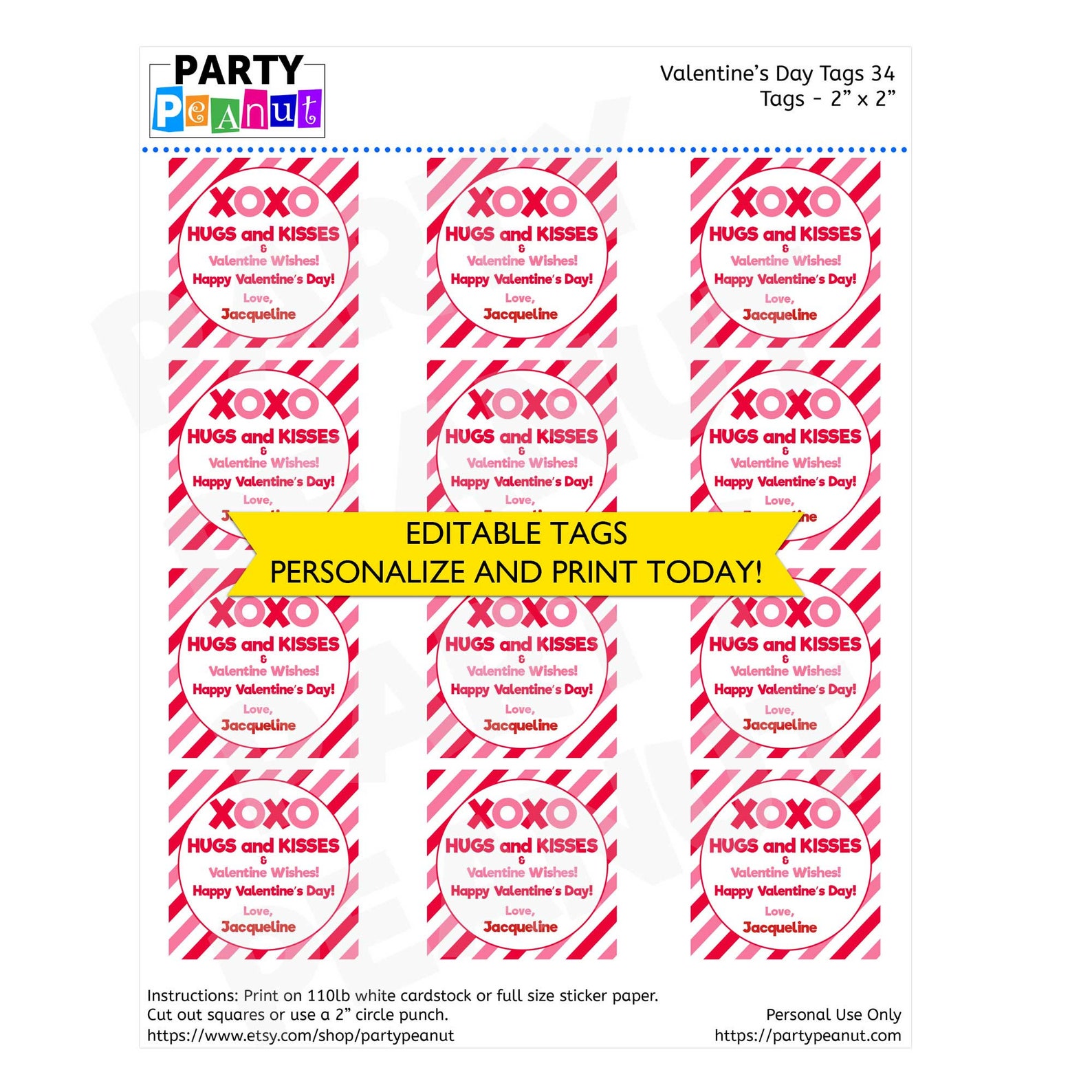 Hugs and Kisses Tag Valentines Day Tags Valentine Tags Kids Valentine ...