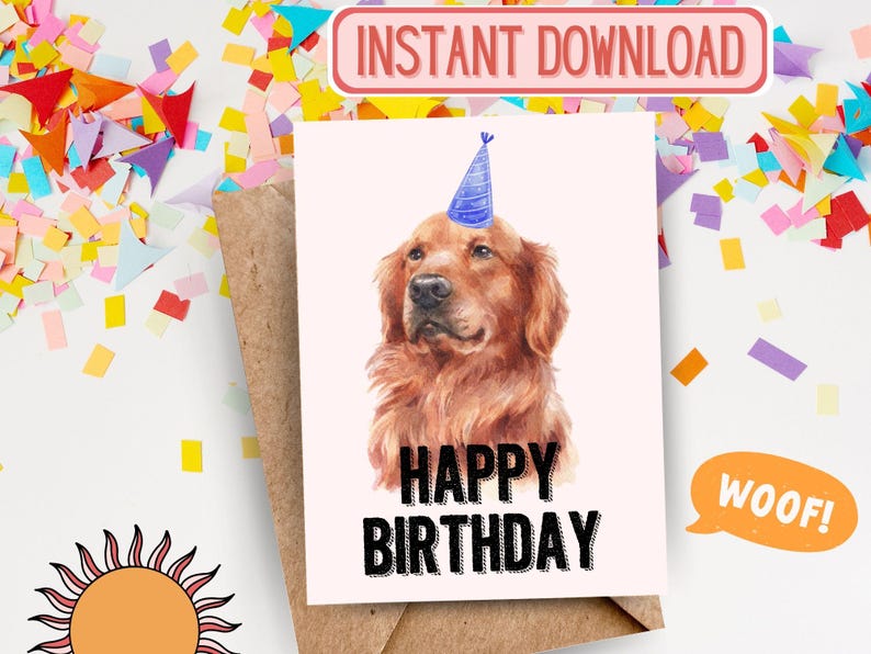 PRINTABLE Red Golden Retriever, Birthday Card, Happy Birthday Card, Dog ...