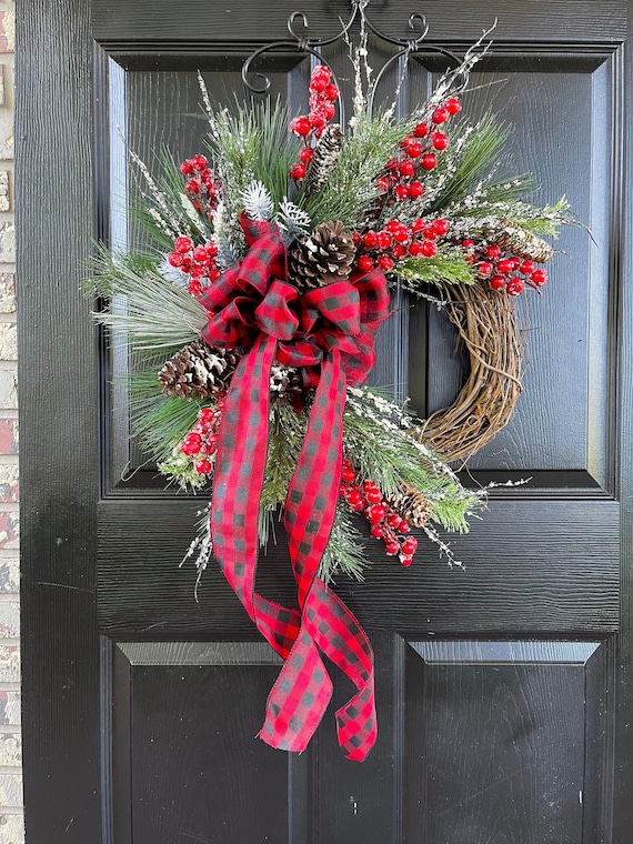 Frosted Christmas Wreaths for Front Door Christmas Wreath With Buffalo Check Bow Winter Wreath Rustic Christmas Wreath Etsy