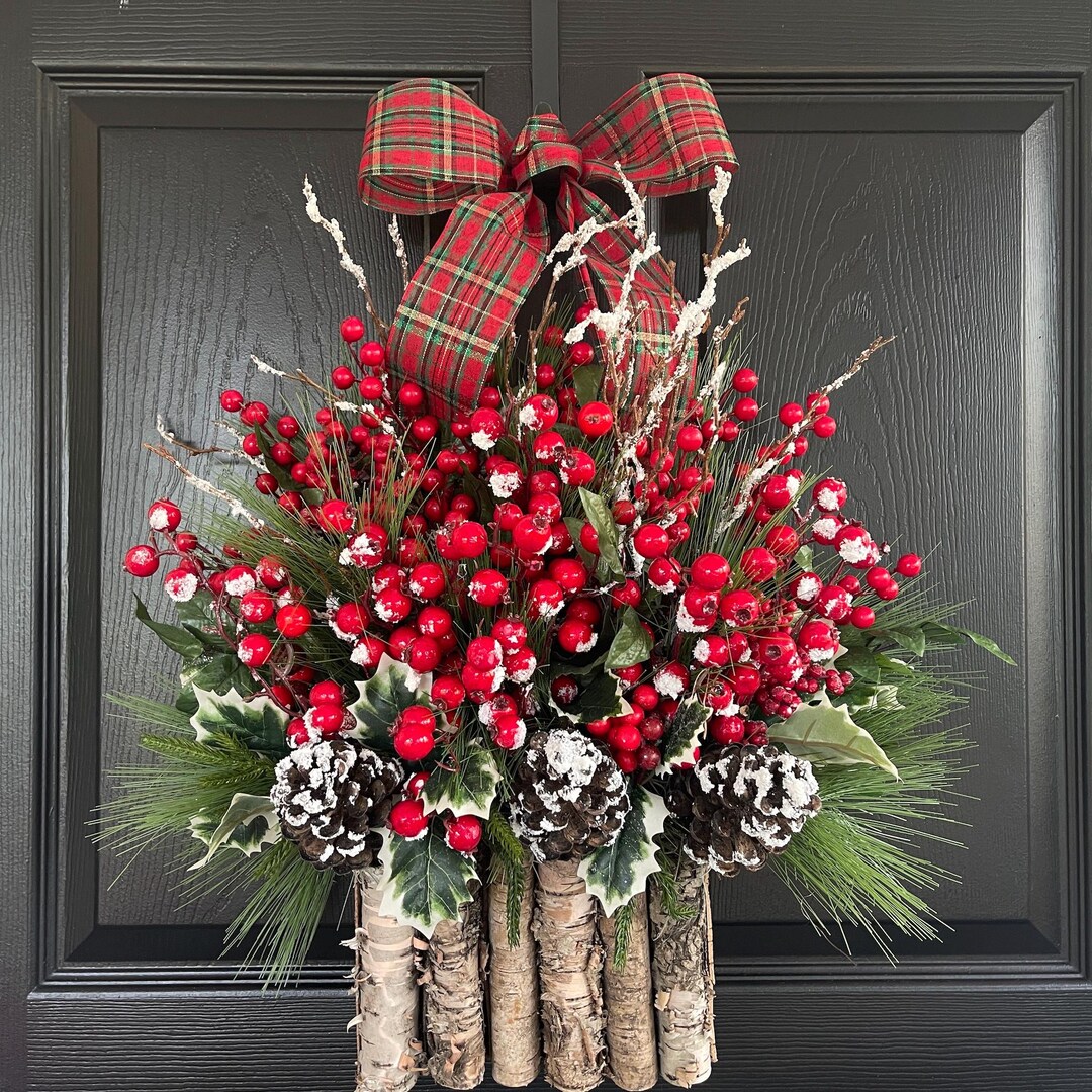 Rustic Christmas Wreath: Red Holly Berry, Buffalo Check Bow - Etsy