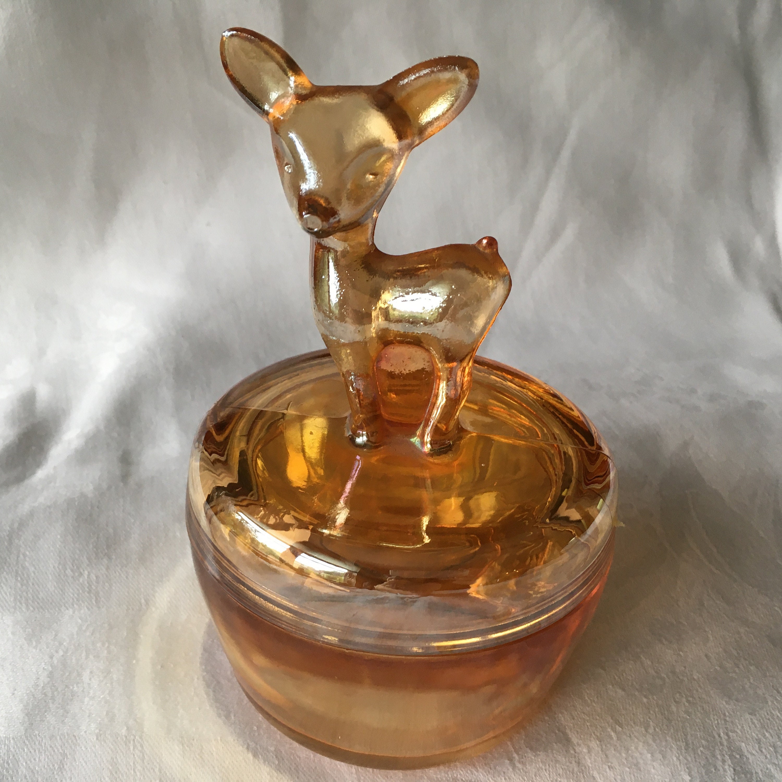 Jeannette Marigold Glass Deer Trinket Jewelry Covered Dish Candy Dish ...