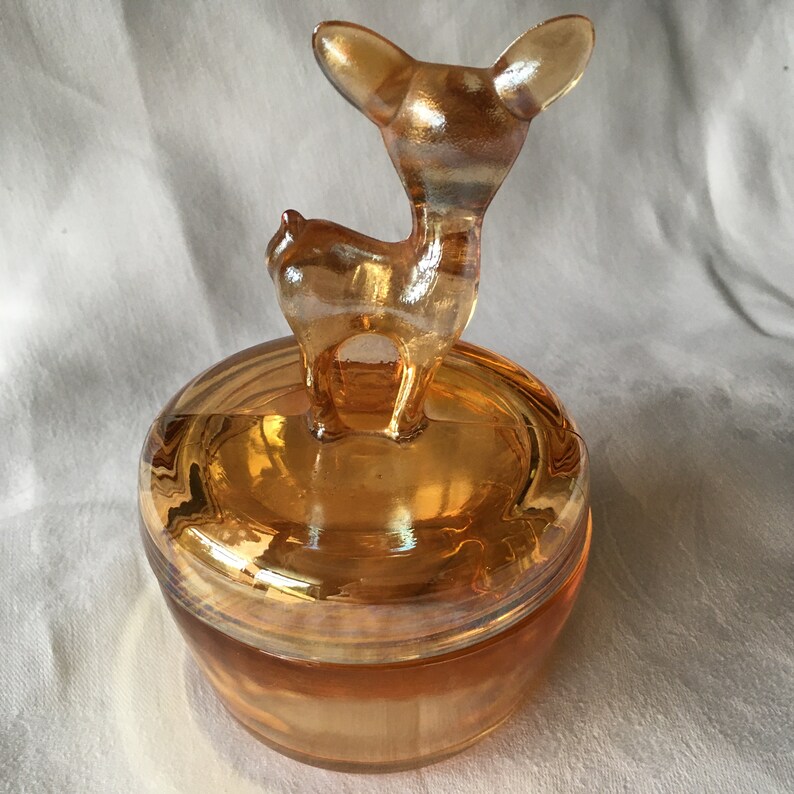 Jeannette Marigold Glass Deer Trinket Jewelry Covered Dish Candy Dish ...