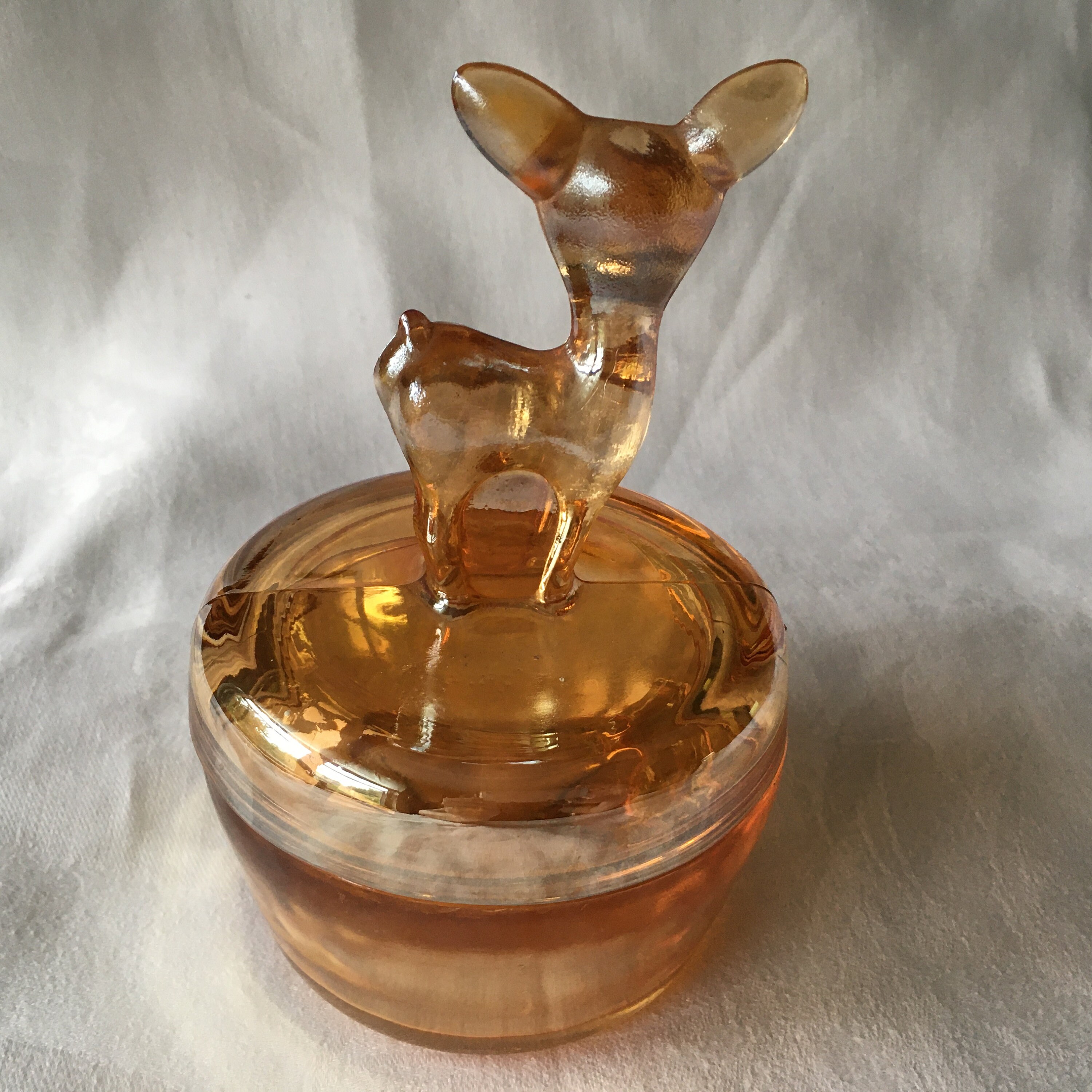 Jeannette Marigold Glass Deer Trinket Jewelry Covered Dish Candy Dish ...