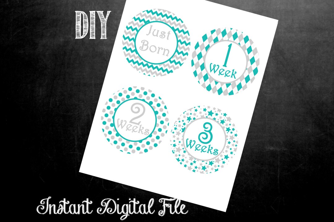 Digital Baby Monthly Milestone Stickers- DIY Printable-teal/gray-jpeg W ...