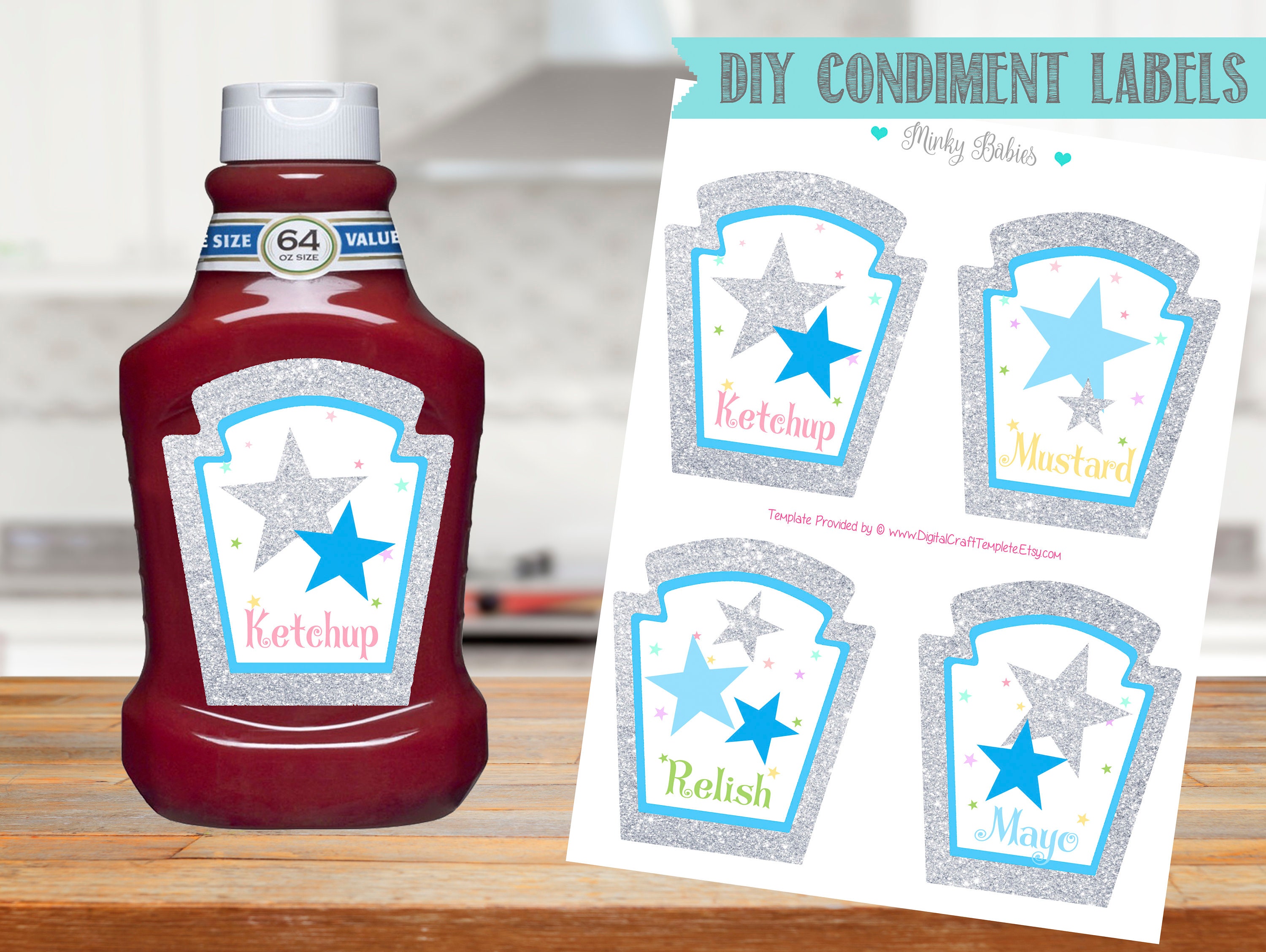Blue and Silver Stars Condiment Bottle Labels- Star Birthday- Instant ...
