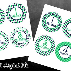 Digital Baby Monthly Milestone Stickers- DIY Printable-green/navy-jpeg ...