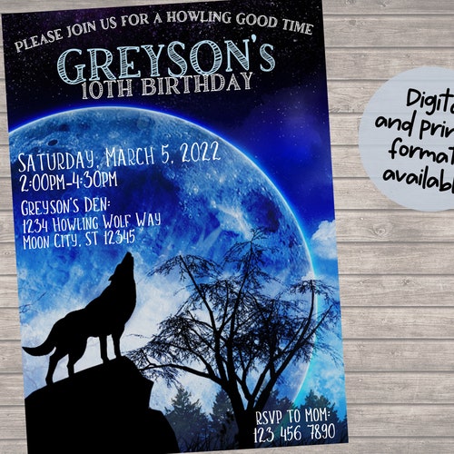 Wolf Theme Birthday Party Invitation Template Howling Wolf - Etsy