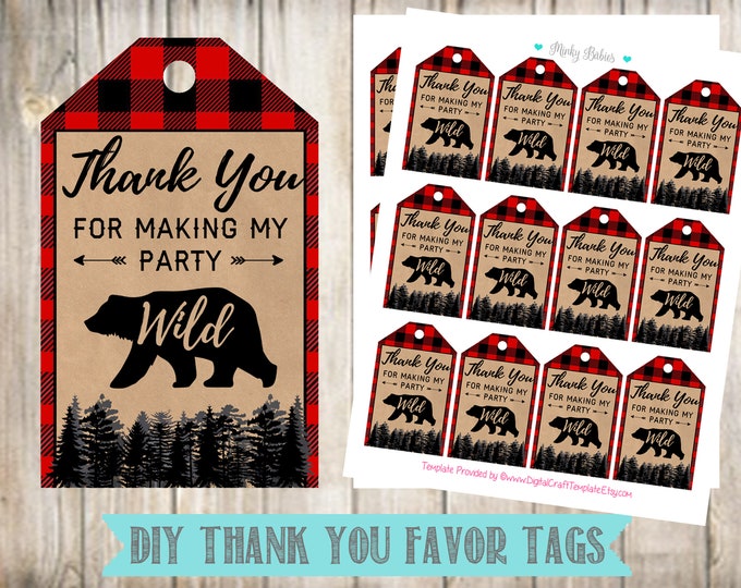 Wild One Favor Tags Bear Thank You Tags-red Plaid Party Lumberjack ...