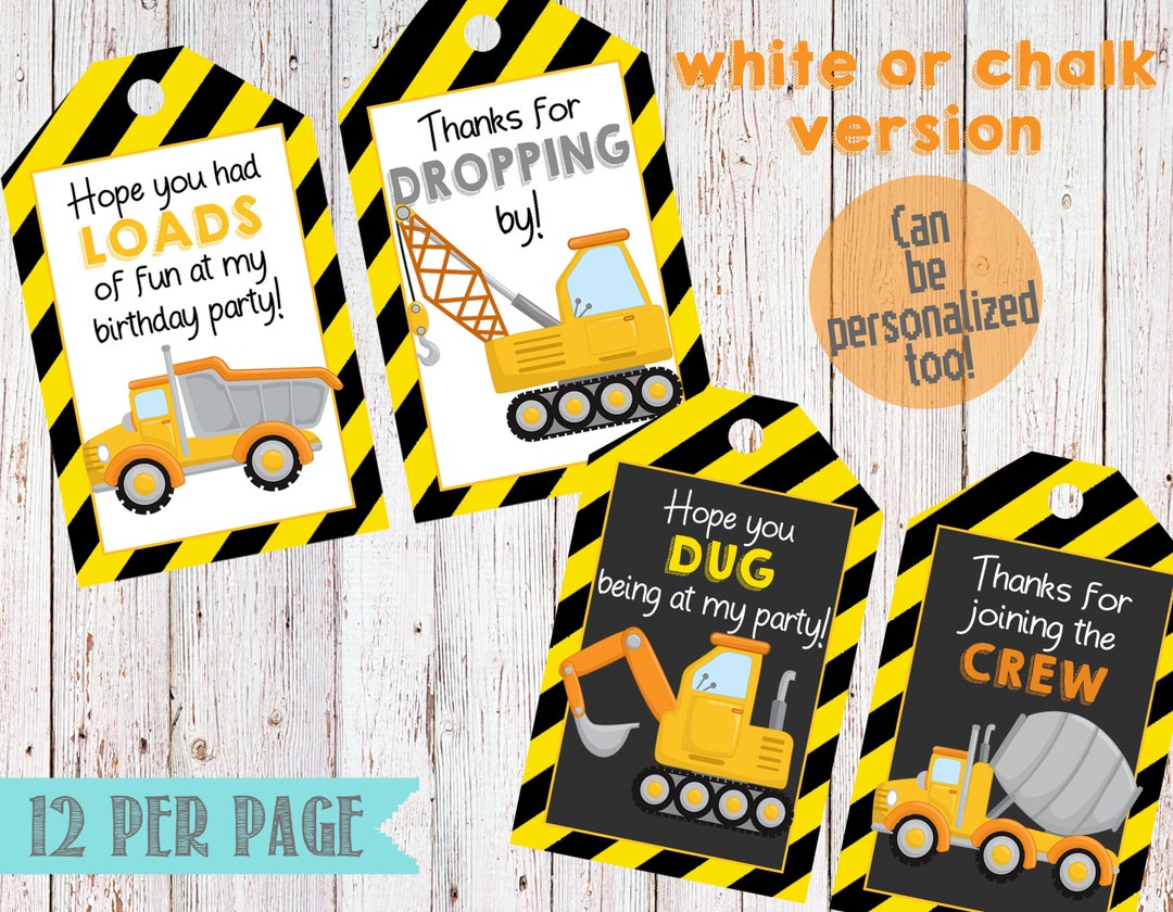 Construction Favor Tags- Construction Thank You Tags- Construction ...