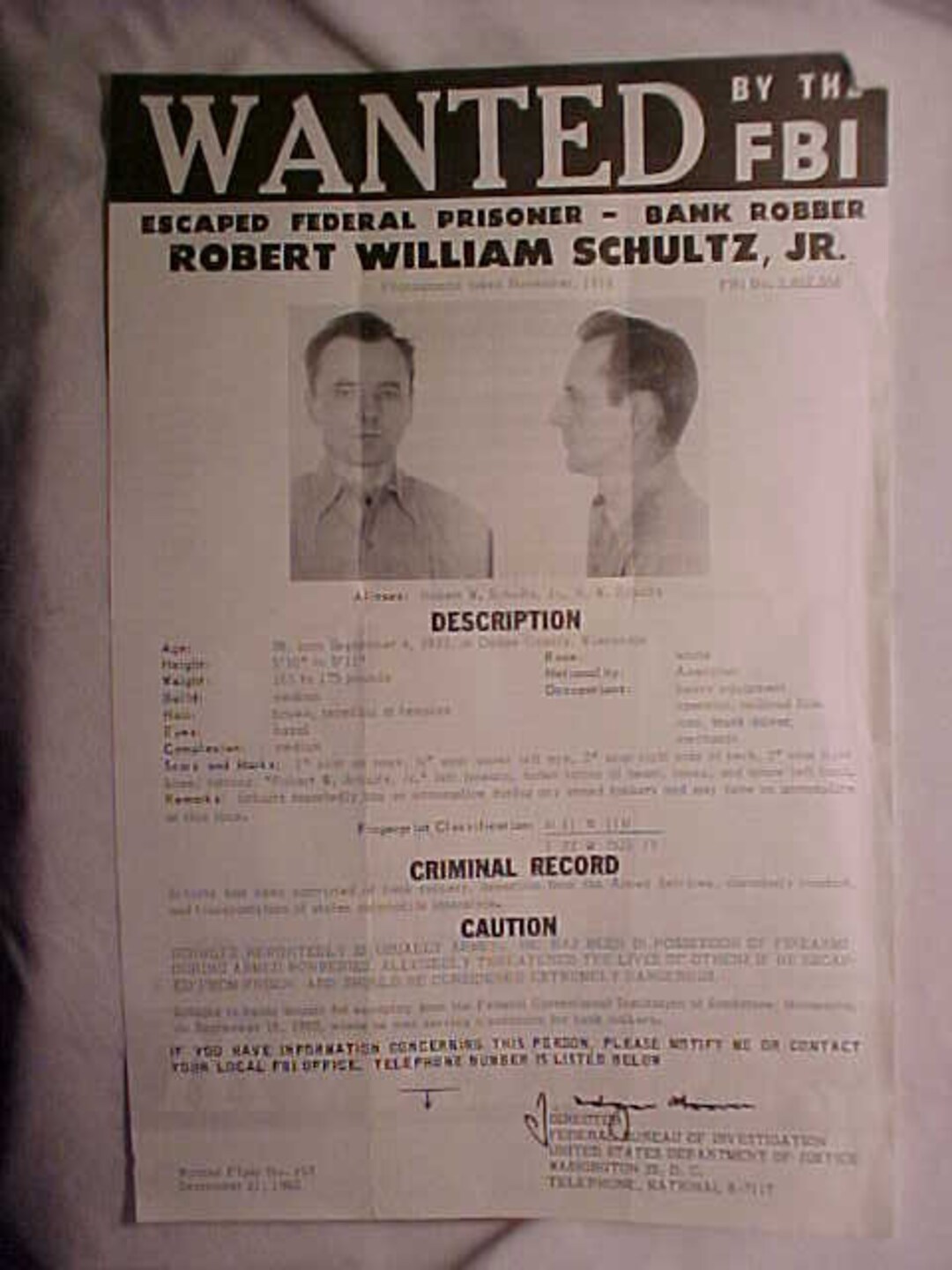 September 21, 1960 Wanted by FBI Poster Mailer of Robert William ...