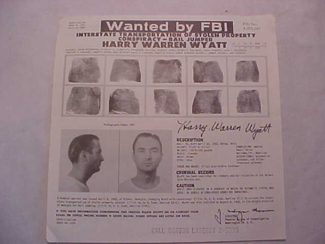 March 18, 1960 Wanted by FBI Poster Mailer of Harry Warren Wyatt Bail ...